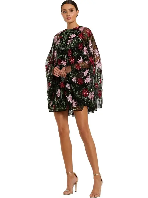 Mac Duggal Floral Embellished Cape Mini Dress - Black