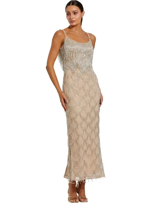 Mac Duggal Beaded Fringe Column Maxi Dress - Nude Silver