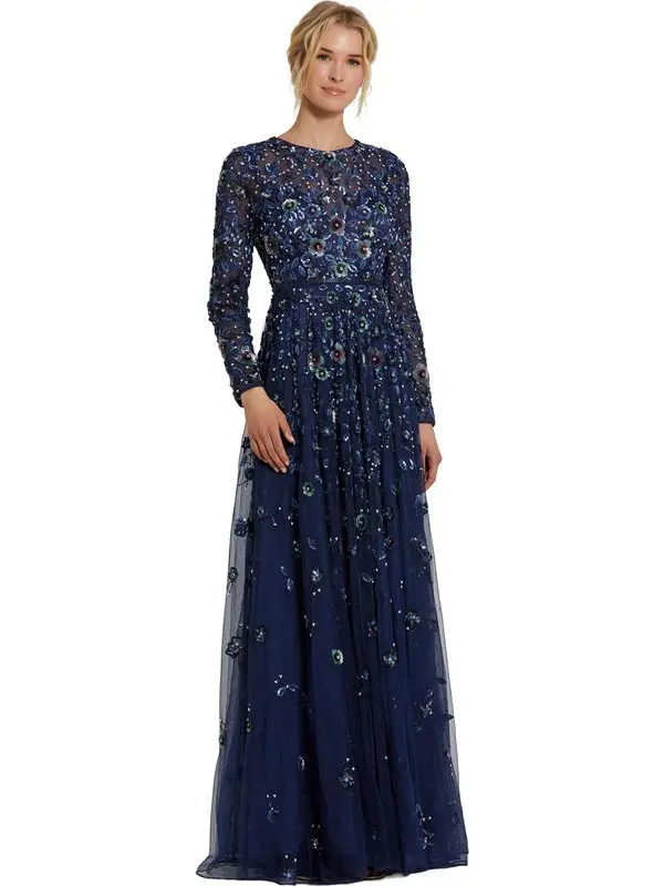 Mac Duggal Petite Embellished High Neck Long Sleeve A Line Gown - Navy