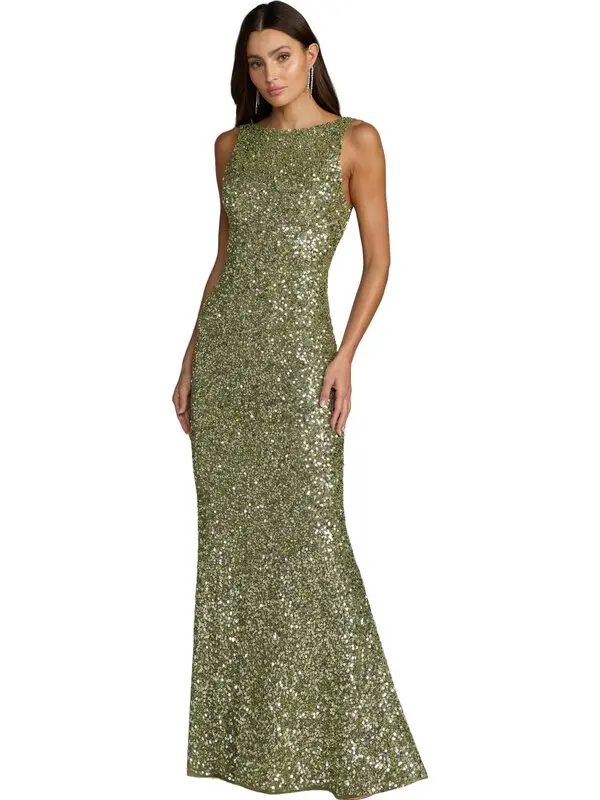 Mac Duggal Petite Sequin Column Gown With Open Back - Green