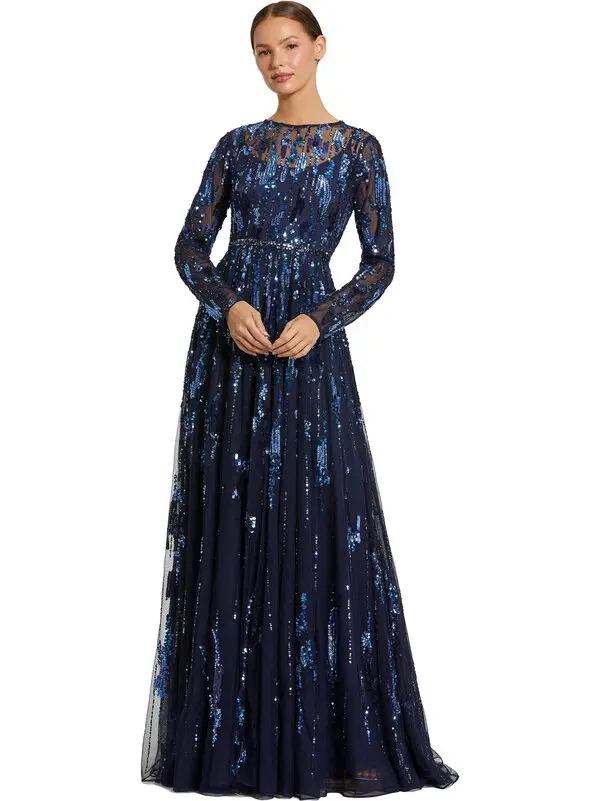 Mac Duggal Long Sleeve Sequin Embellished Gown - Navy