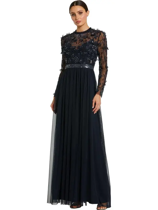 Mac Duggal Petite Embellished Illusion High Neck Long Sleeve Gown - Navy