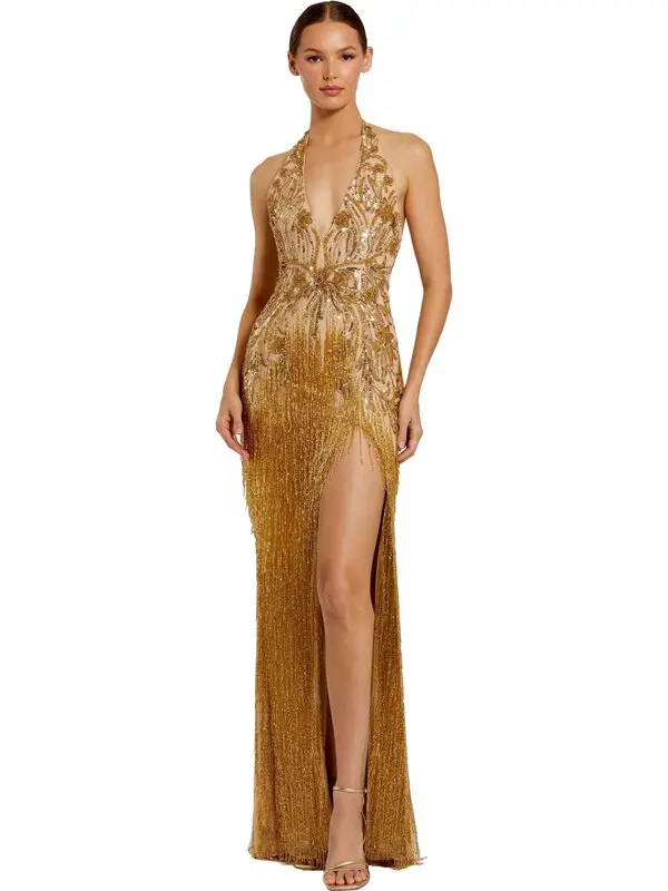 Mac Duggal Embellished Halter Gown With Beaded Fringe - Gold