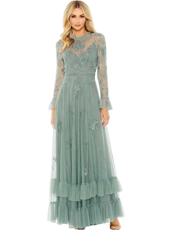 Mac Duggal Embellished Long Sleeve Ruffle Gown - Green