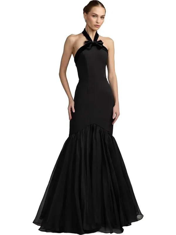Mac Duggal Halter Mermaid Gown With Bow - Black