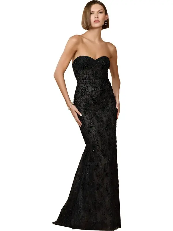 MAC DUGGAL COLLECTION Embellished Strapless Bustier Gown With Sweeping Train - Black