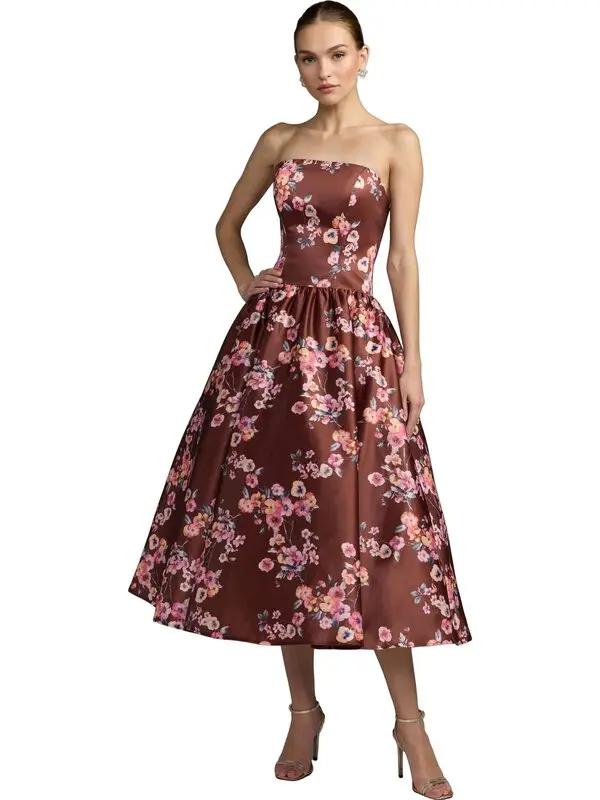 Mac Duggal Brown Floral Satin Strapless A-line Midi Dress - Bordeaux Multi