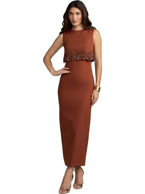 Mac Duggal Floral Embellished Overlay Column Dress - Nutmeg