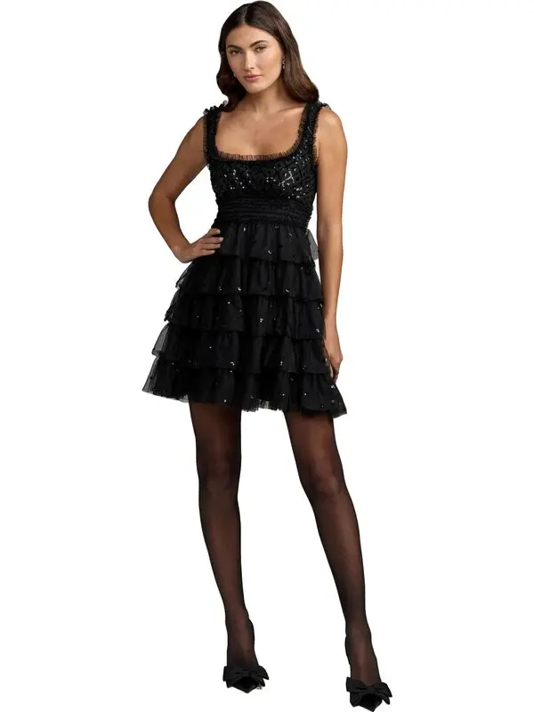 Mac Duggal Sleeveless Sequin Tiered Ruffle Mini Dress - Black