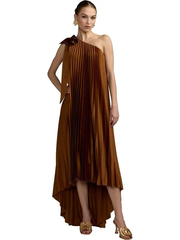 Mac Duggal Pleated One Shoulder High-low Gown - Nutmeg