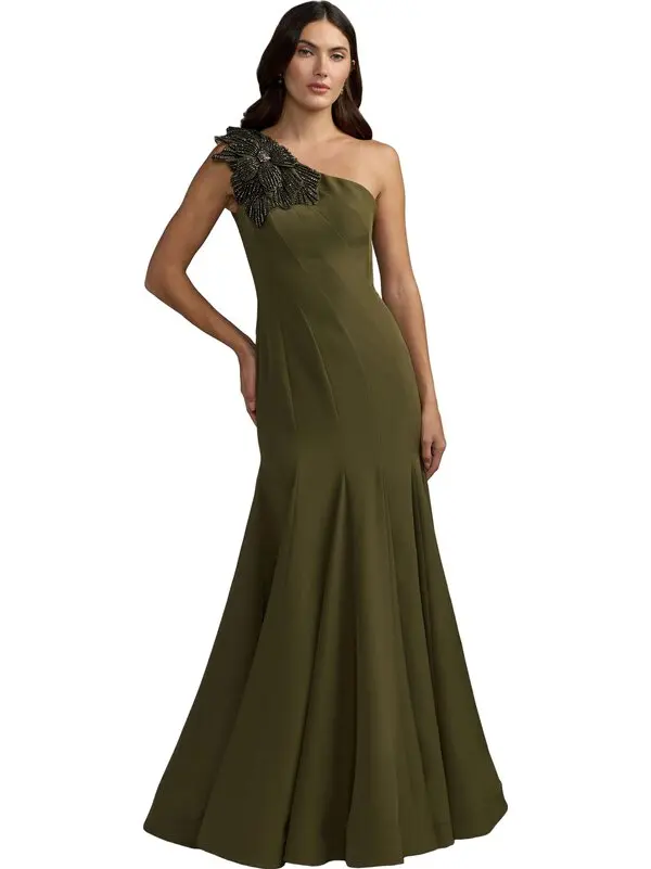 Mac Duggal Petite One Shoulder Crepe Gown With Embellished Flower Detail - Green
