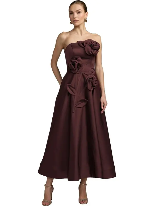 Mac Duggal Strapless Satin A-line Gown With 3d Floral Embellishments - Red