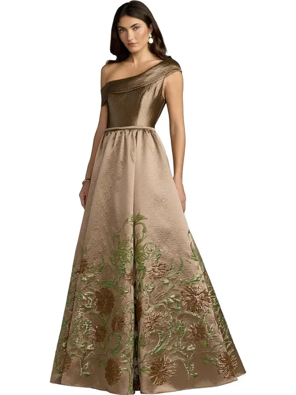 Mac Duggal Beige Floral Off The Shoulder Ball Gown - Beige Multi