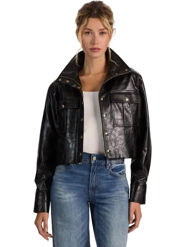 Alice + Olivia Vegan Leather Funnel Neck Parka - Black