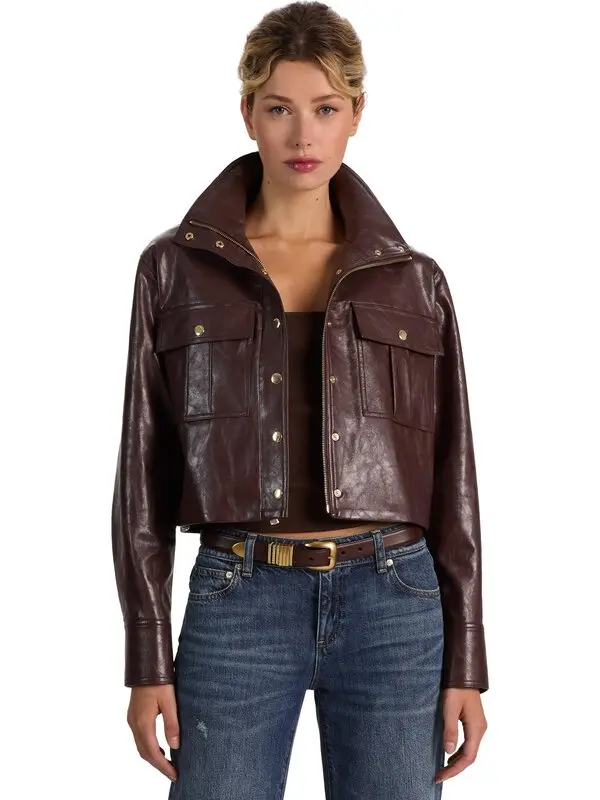 Alice + Olivia Vegan Leather Funnel Neck Parka - Dark Chocolate