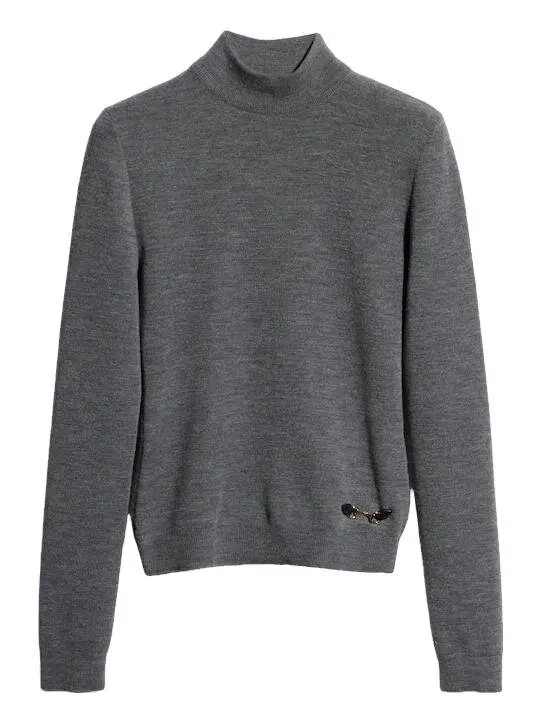 Gucci Fine Rib Knit Wool Top With Horsebit Detail - Grey
