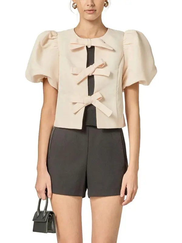 English Factory Bow Detail Puff Sleeve Top - Cream