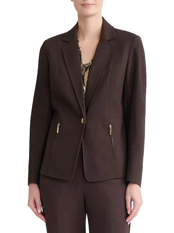 KASPER Notched Lapel Zip Pocket Blazer - Rich Chocolate