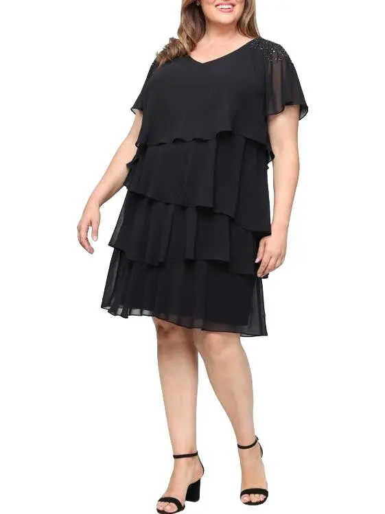 SL FASHIONS Beaded Tiered Chiffon Dress - Black