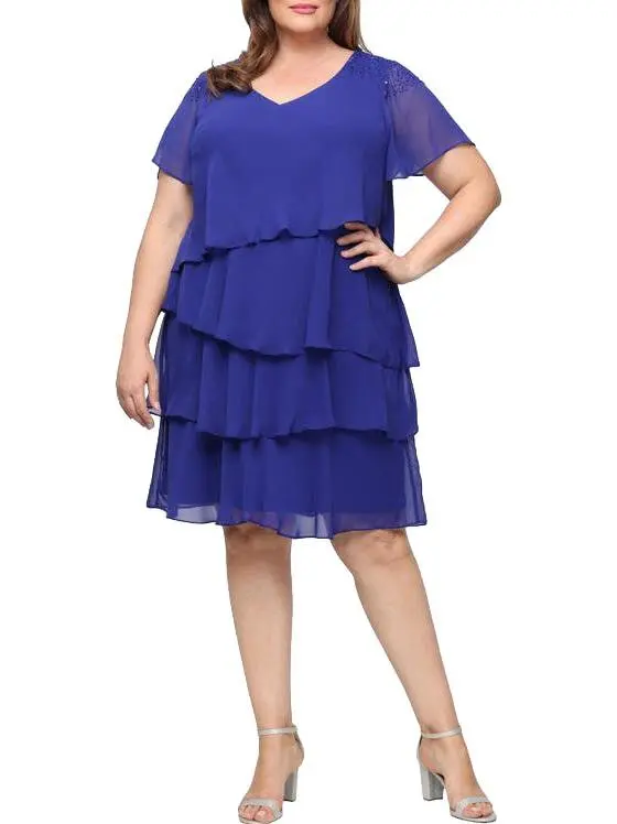 SL FASHIONS Beaded Tiered Chiffon Dress - Iris