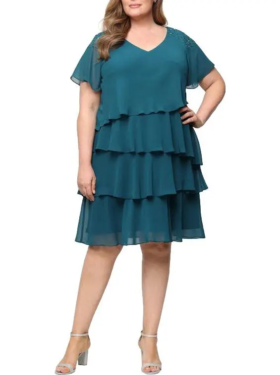SL FASHIONS Beaded Tiered Chiffon Dress - Mallard