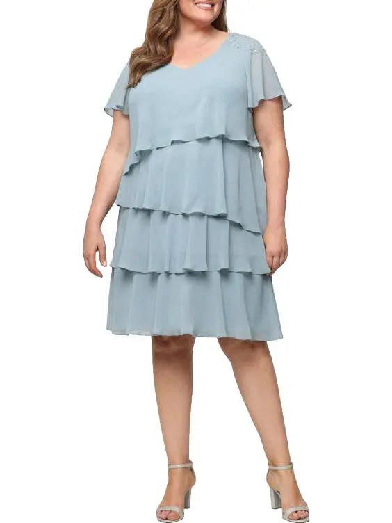 SL FASHIONS Beaded Tiered Chiffon Dress - Sage