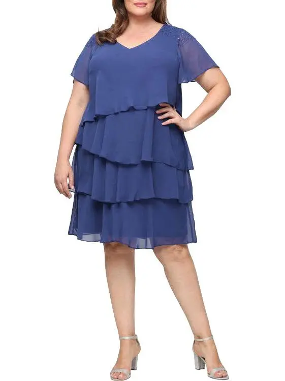 SL FASHIONS Beaded Tiered Chiffon Dress - Wedgewood