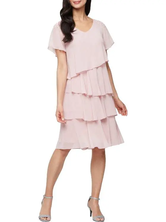 SL FASHIONS Beaded Tiered Chiffon Dress - Faded Rose