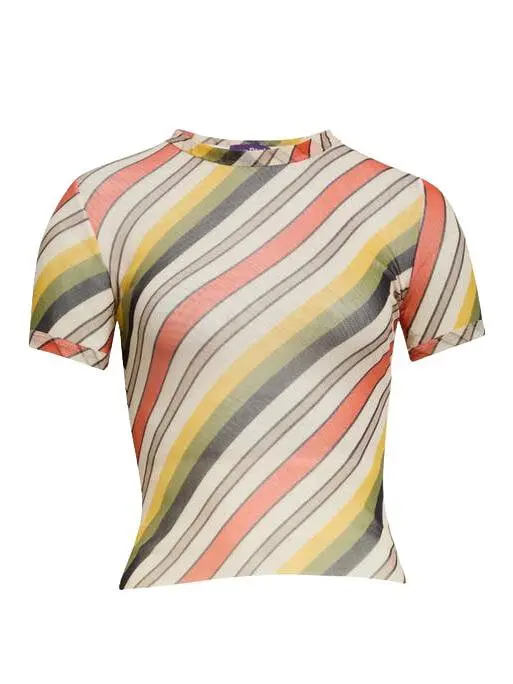 JEAN PAUL GAULTIER Retro Stripe Print Crop Mesh Baby Tee - Beige Multicolor