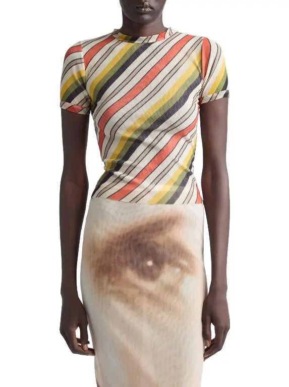 JEAN PAUL GAULTIER Retro Stripe Mesh Baby Tee - Beige Multicolor