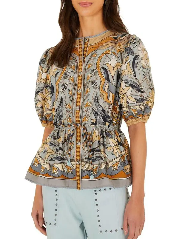 Farm Rio Stained Glass Beauty Half Placket Cotton Top - Blue