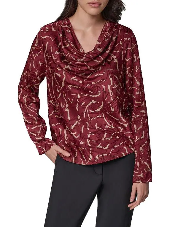 Donna Karan New York Printed Burnout Cowl Neck Top - Black Cher