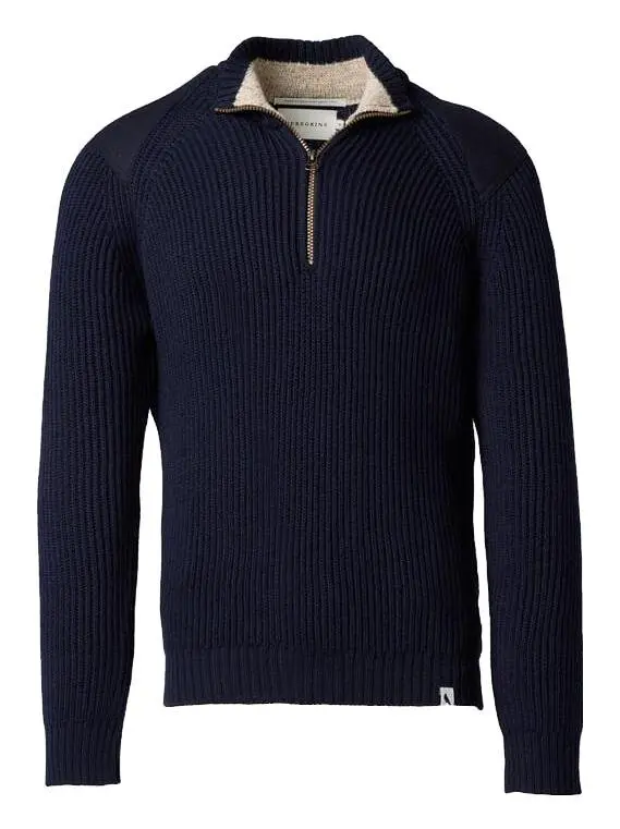 Allen Edmonds Wool Quarter-zip Sweater With Woven Shoulder Panels - Navy