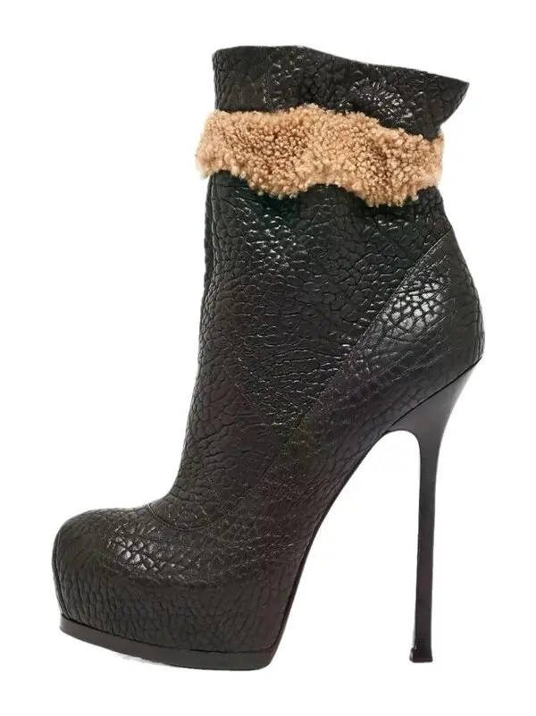Saint Laurent Textured Shearling Trim Stiletto Ankle Boots - Brown