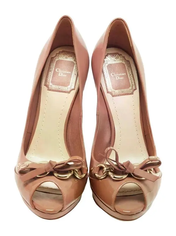 Dior Patent Leather Bow Peep-toe Pumps - Neutrals