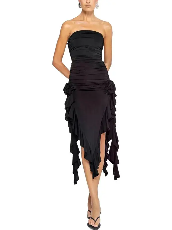 NISSA Floral-appliqué Midi Dress - Black