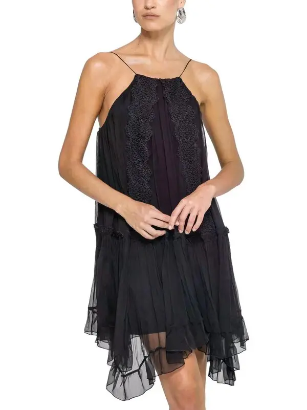 NISSA Lace Applique Silk Dress - Black