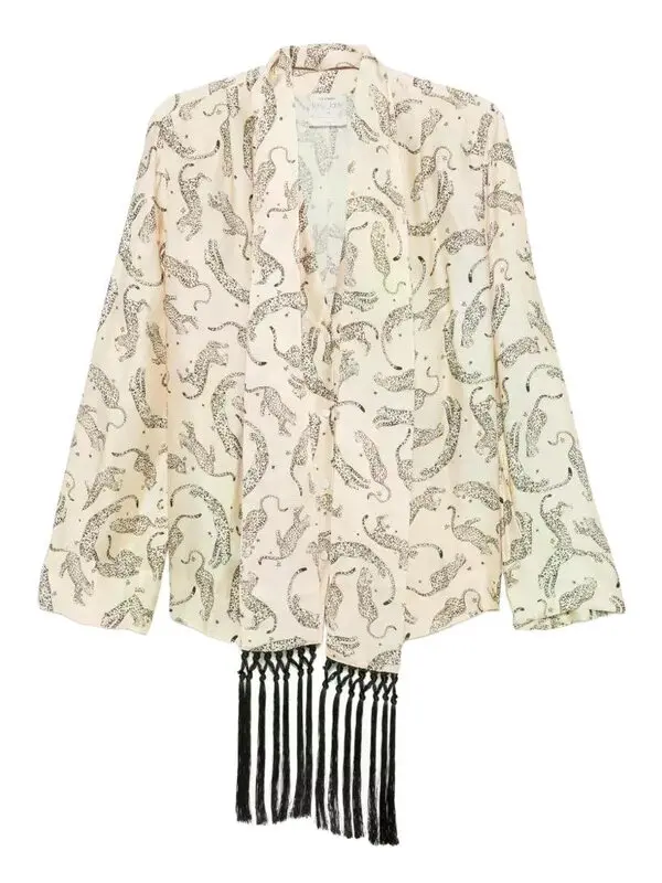 FORTE_FORTE Leopard Print Fringed Scarf Shirt - Neutrals