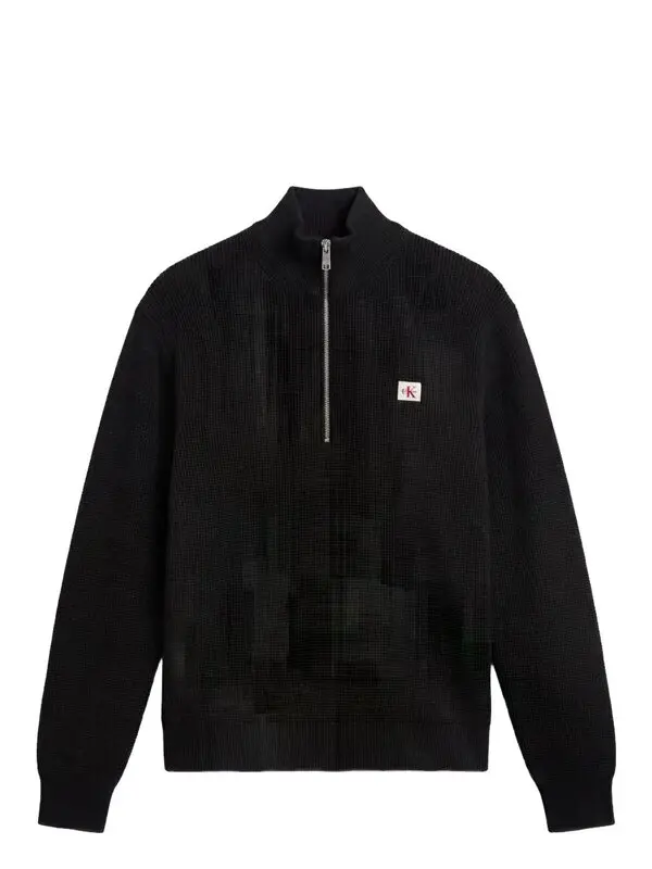 Calvin Klein Quarter-zip Waffle Knit Sweater With Logo Patch - Black