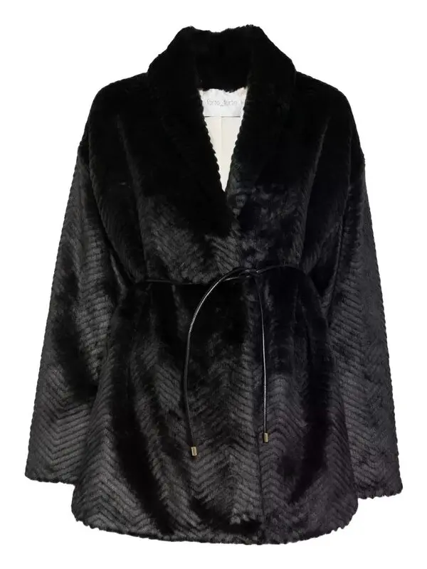 FORTE_FORTE Faux Fur Chevron Belted Coat - Black