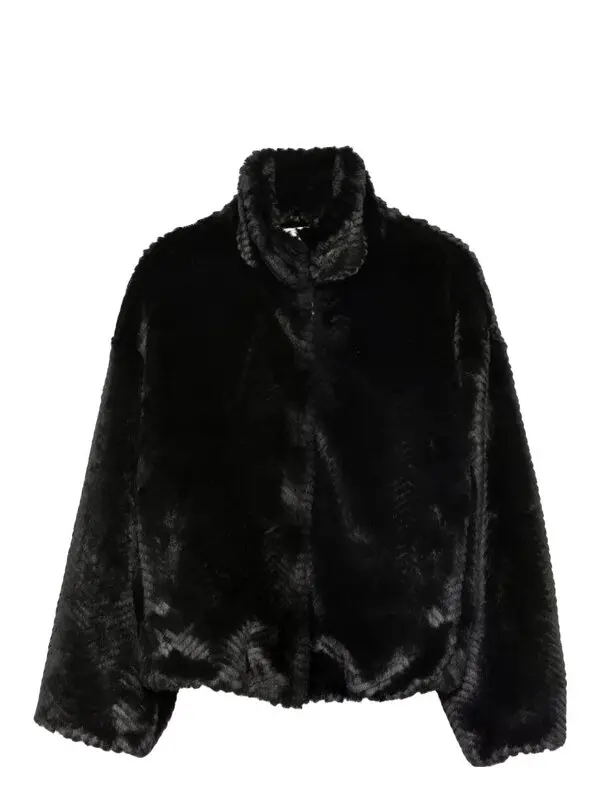 FORTE_FORTE Faux Fur Chevron Pattern Zip Jacket - Black
