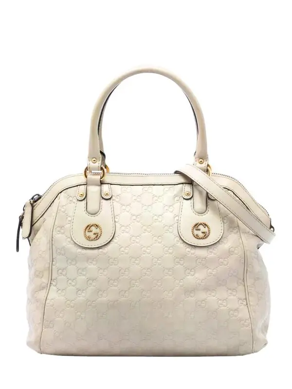 Gucci Embossed Leather Satchel With Top Handles And Shoulder Strap - White