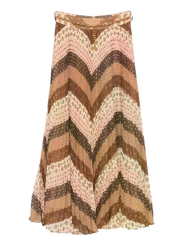Zimmermann Sunray Chevron-print Midi Pleated Skirt With Chain-link Belt - Brown