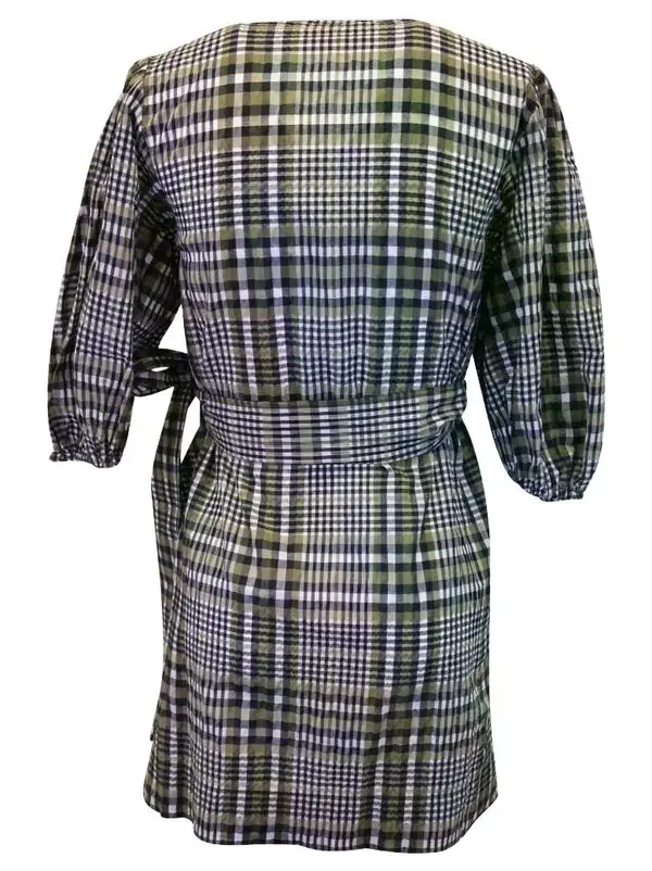 GANNI Plaid Wrap Dress With Puff Sleeves - Brown