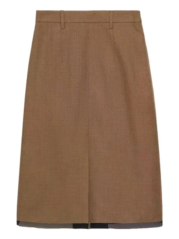 Prada Wool Midi Skirt With Raw-cut Chiffon Hem - Brown