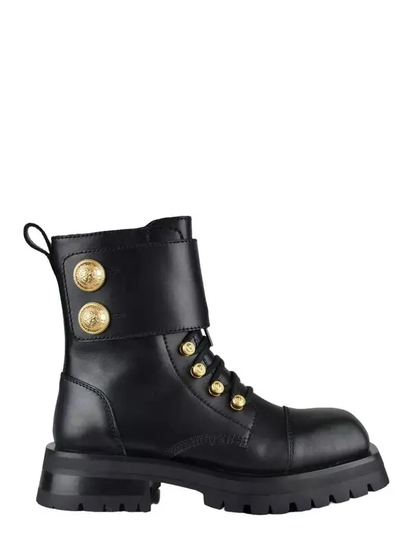 Balmain Leather Combat Boots With Gold-tone Embossed Details - Black