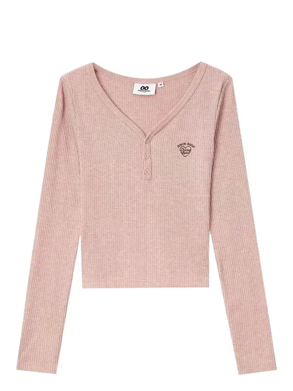 CHOCOOLATE Ribbed-knit Heart-motif Long-sleeved Cropped T-shirt - Pink