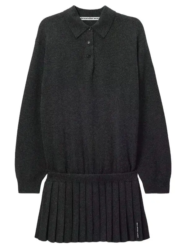 Alexander Wang Long-sleeve Polo Dress With Heat-pressed Pleated Skirt - Grey
