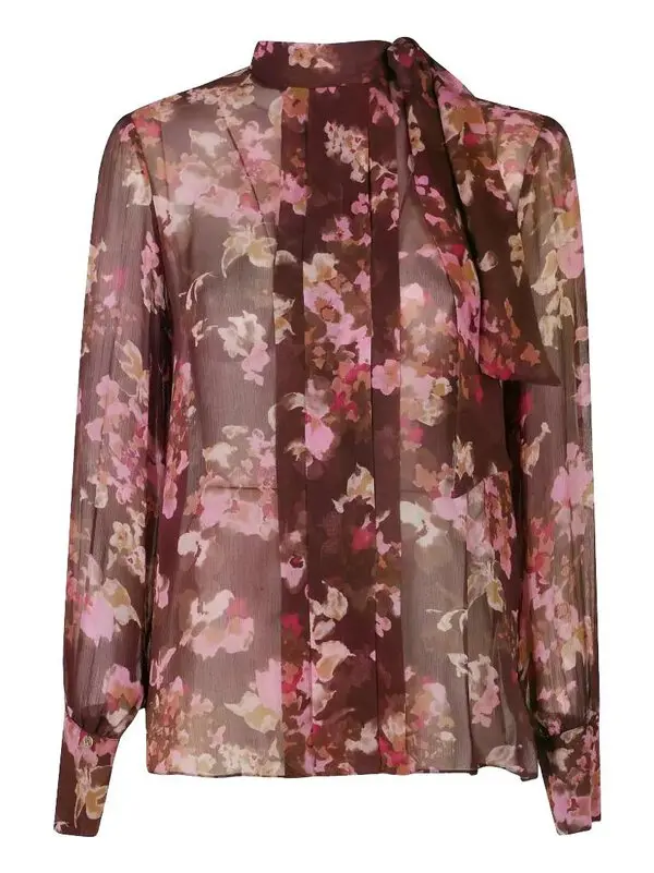 NISSA Floral Print Pussy-bow Blouse - Brown