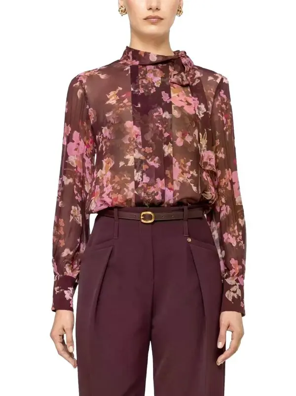 NISSA Floral Print Pussy-bow Blouse - Brown
